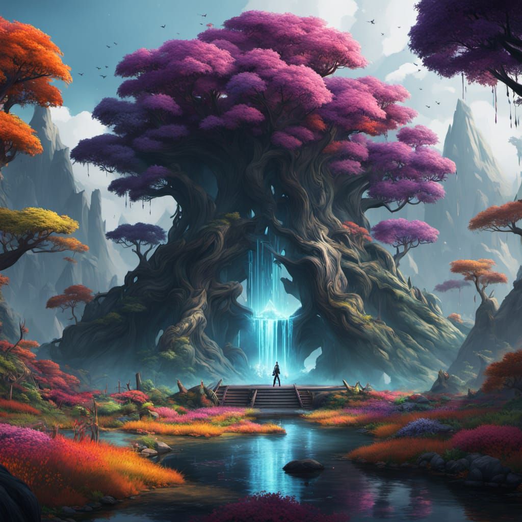 Ethereal Waterfall in the Middle of a Giant Tree