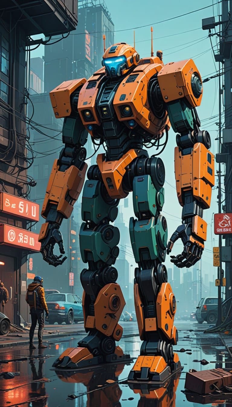 Strong Robot with a body made of detailed parts. The main colors are ...