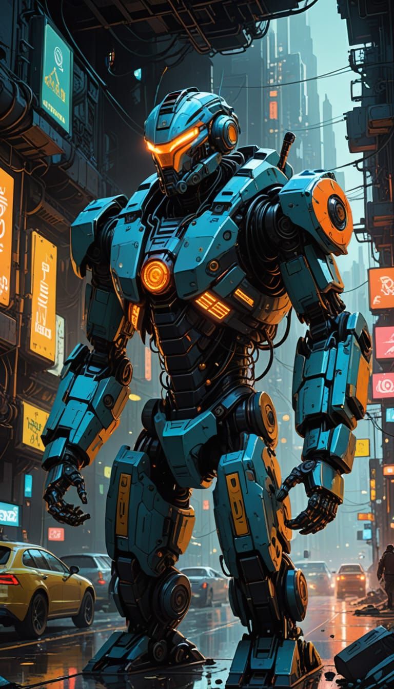 Strong Robot with a body made of detailed parts. The main colors are ...