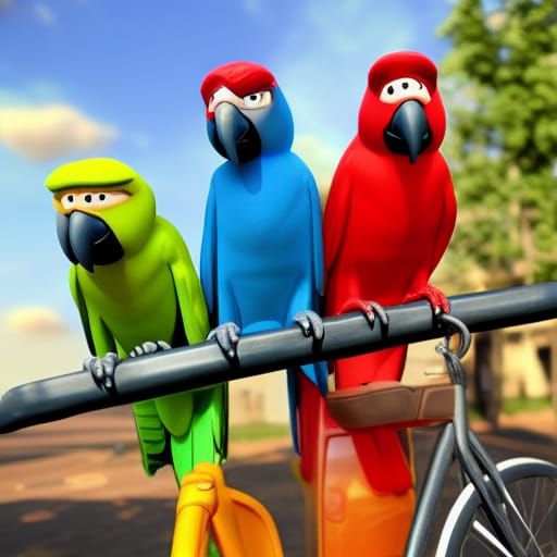Three parrots perched on bicycle Pixar, Disney, concept art, 3d digital ...