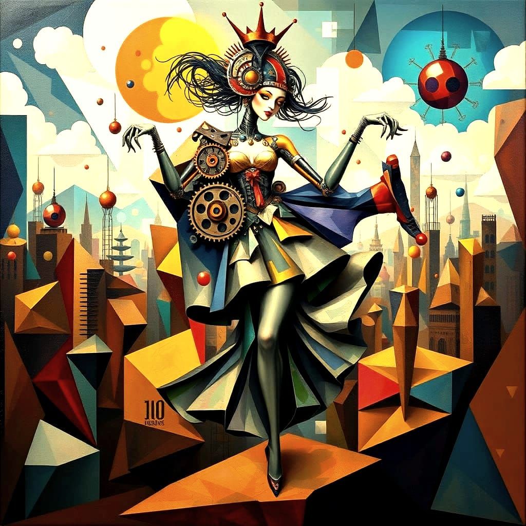 Steampunk cubist painting. A mechanical woman with gears for eyes and ...