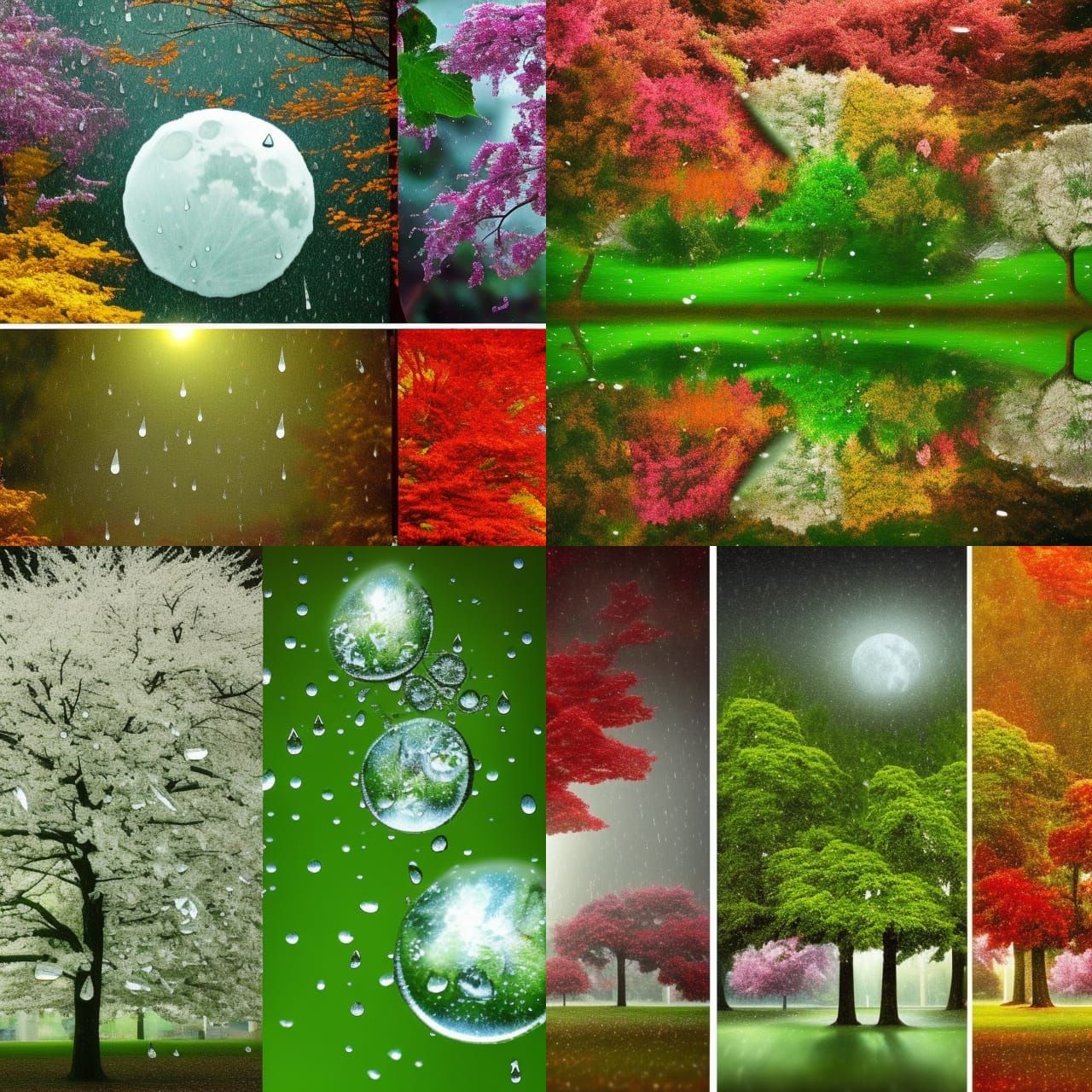 Intensified raindrops splattering into a crystal moon split into equal ...