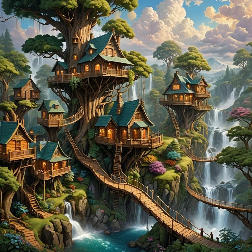 Modern Treehouse village - AI Generated Artwork - NightCafe Creator