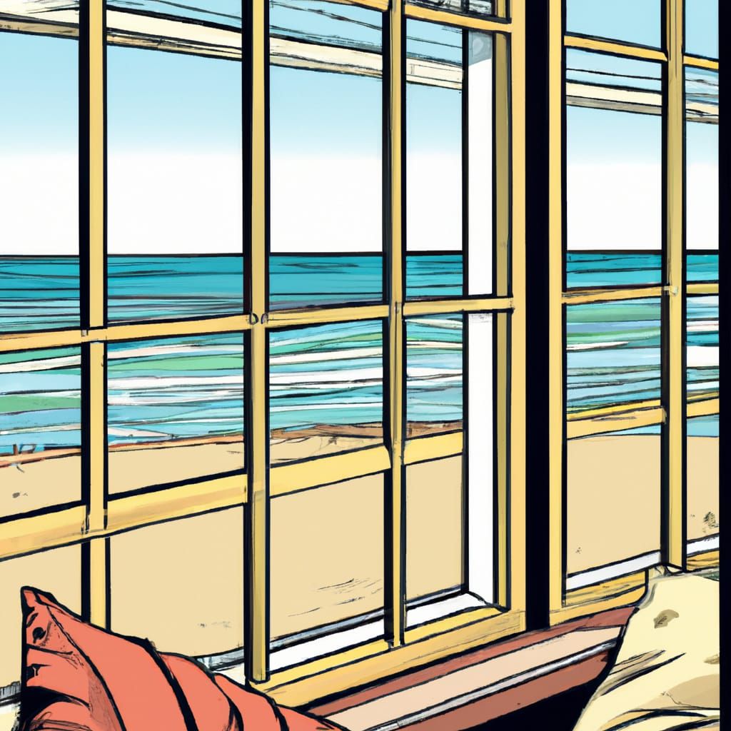 beautiful beach room with a view of the ocean through a big window ...