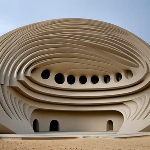 biomorphic round epic sand castle architecure, curvy sand columns, zaha ...