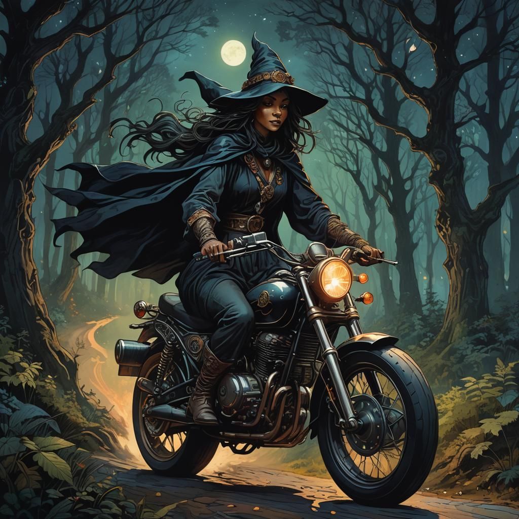 Witch riding a motorbike - AI Generated Artwork - NightCafe Creator