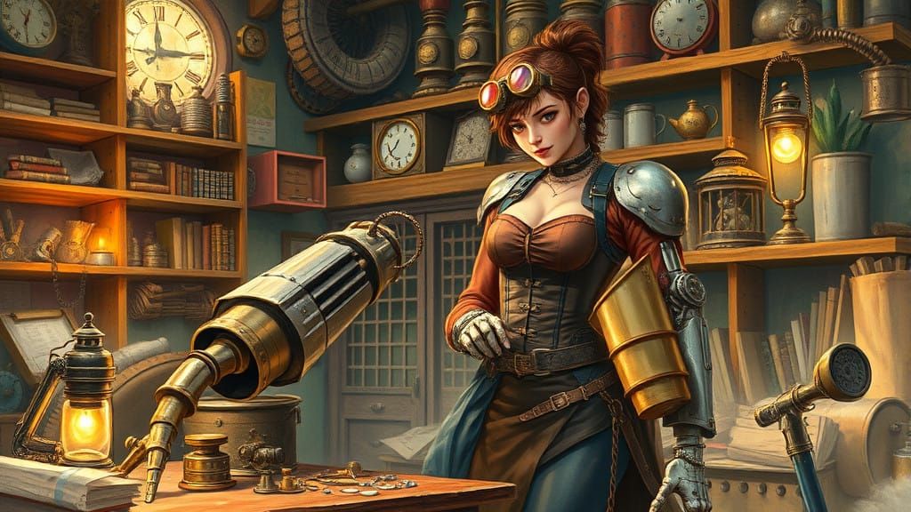 A striking picture of a skilled female steampunk inventor working on a ...