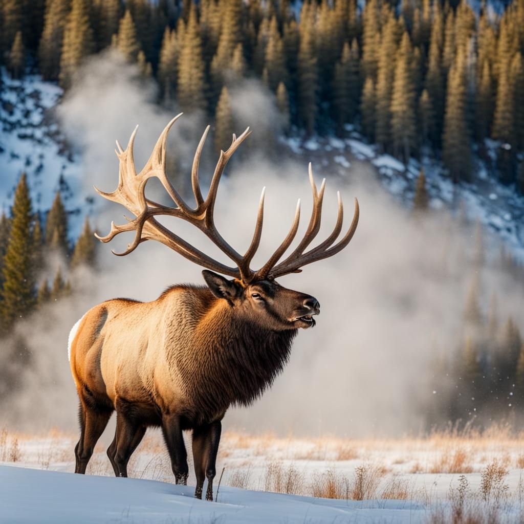 A massive Bull Elk in the mountains of Montana Bugling in the early ...
