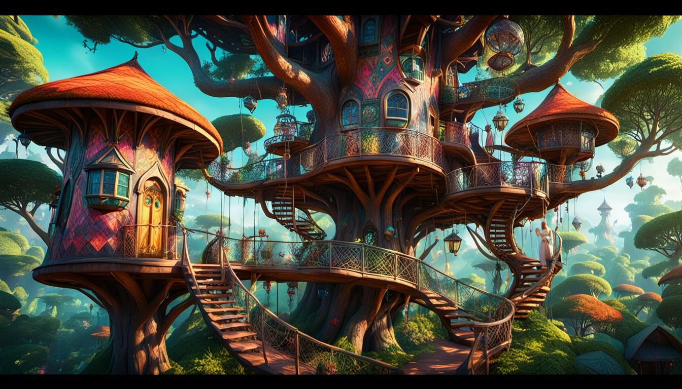 A whimsical treehouse nestled amidst a fantastical forest - AI Generated Artwork - NightCafe Creator