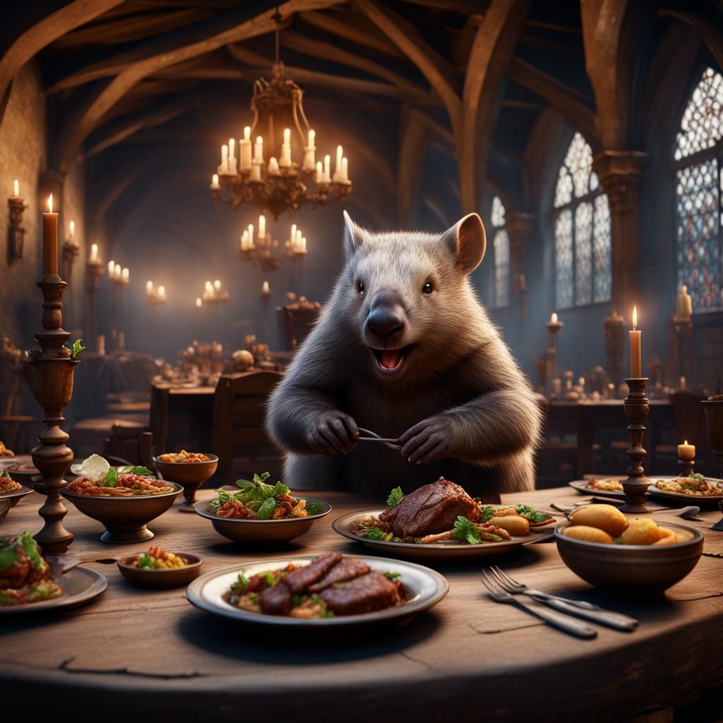 Wombat at Medieval Banquet: Detailed Matte Paintin... - AI Art