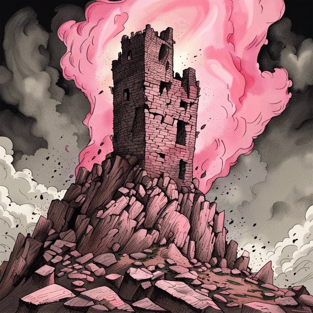 The Crumbling Tower: a tall crumbling stone tower set on a rocky ...