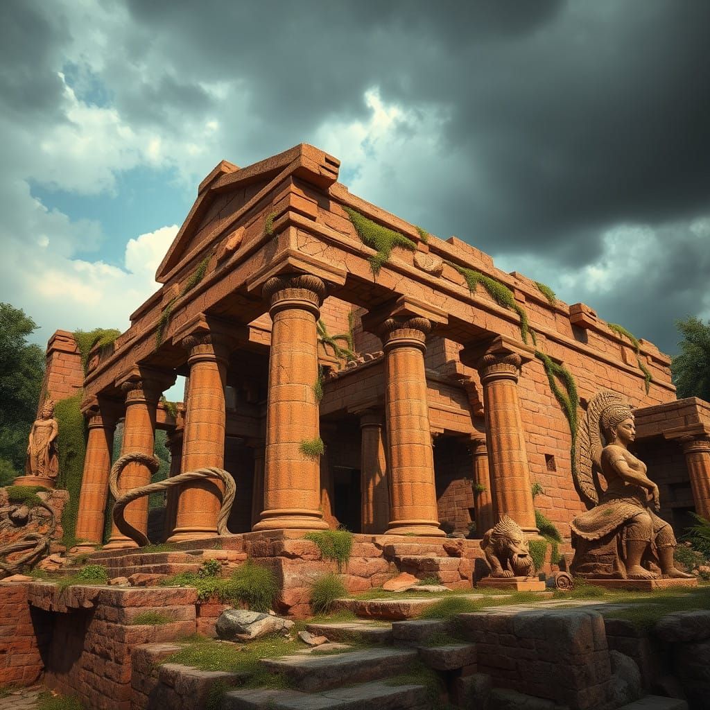 An ancient, crumbled temple made from weathered clay bricks and columns