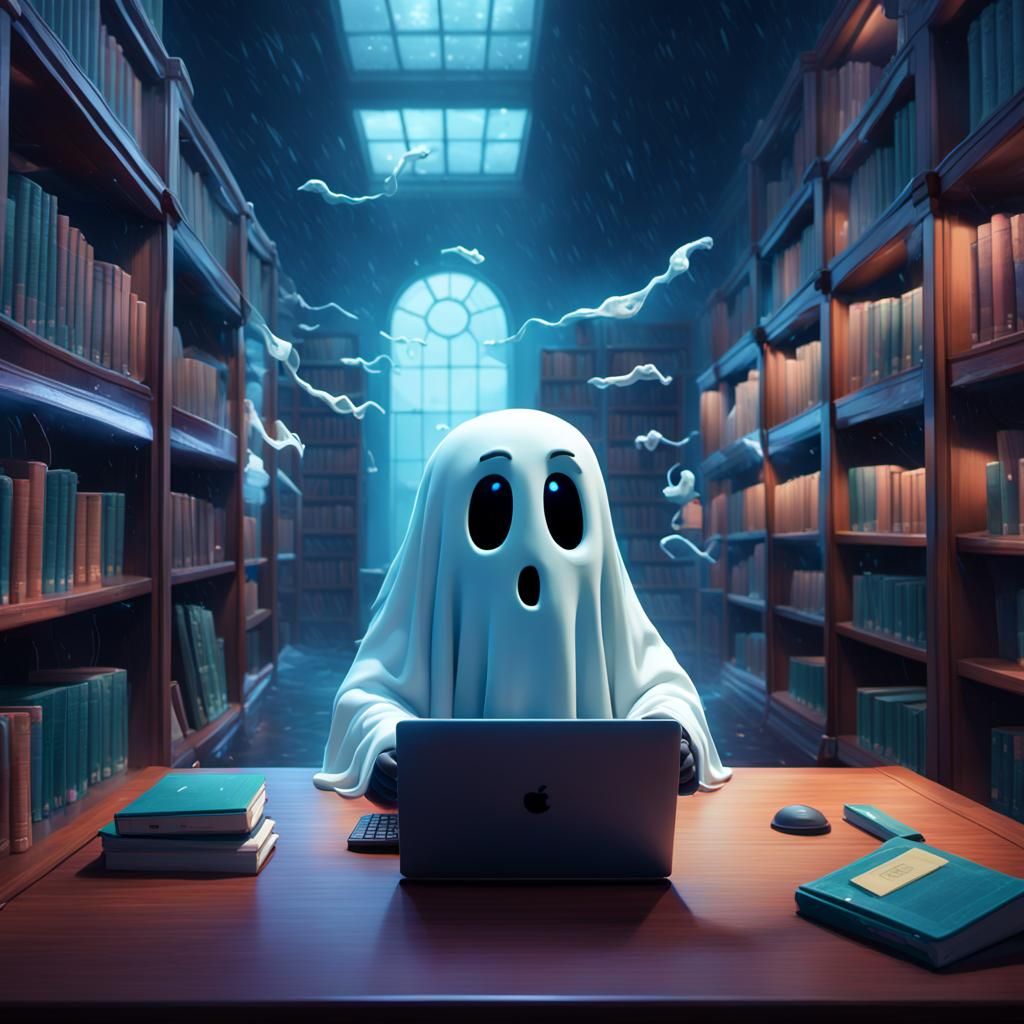 A ghost at a computer inside a closed library on a stormy night - AI ...