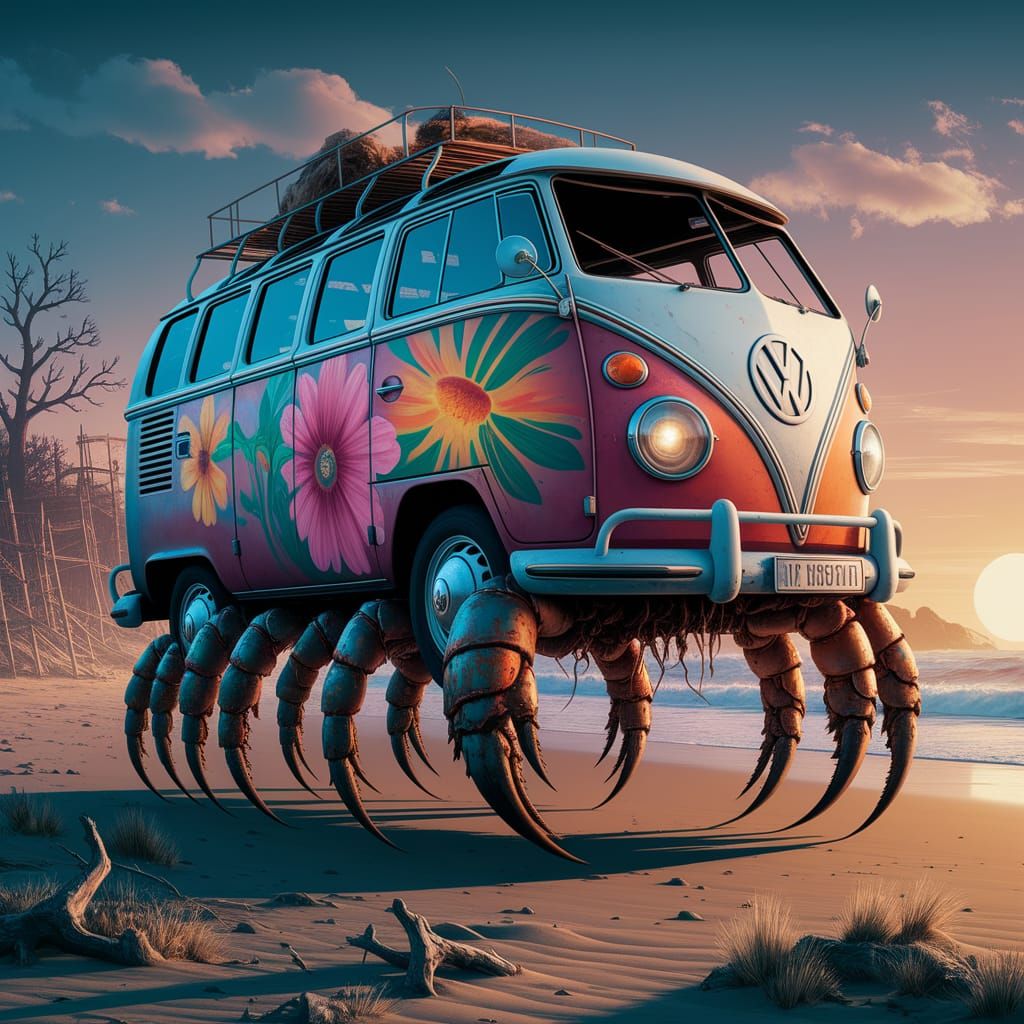 Mutated Hermit Crab in Hippie Bus Shell on Post-Ap... - AI Art