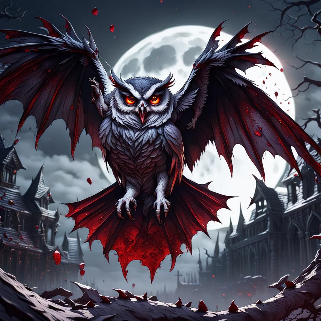 Vampire owl with fangs and blood eyes, moonlight - AI Generated Artwork - NightCafe Creator