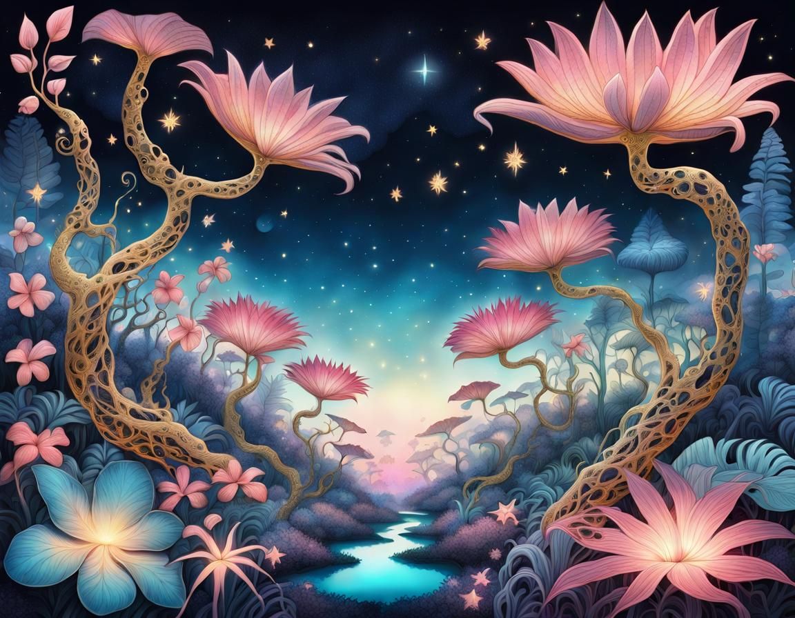 Ink drawing of magical Tropical Alien Botanicals Plants; pale muted ...