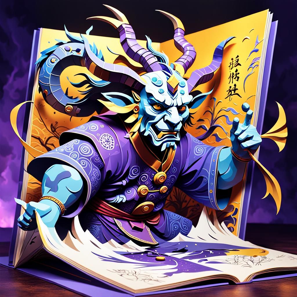 pop-up book, energetic, chinese painting, in the style of Pablo Picasso ...