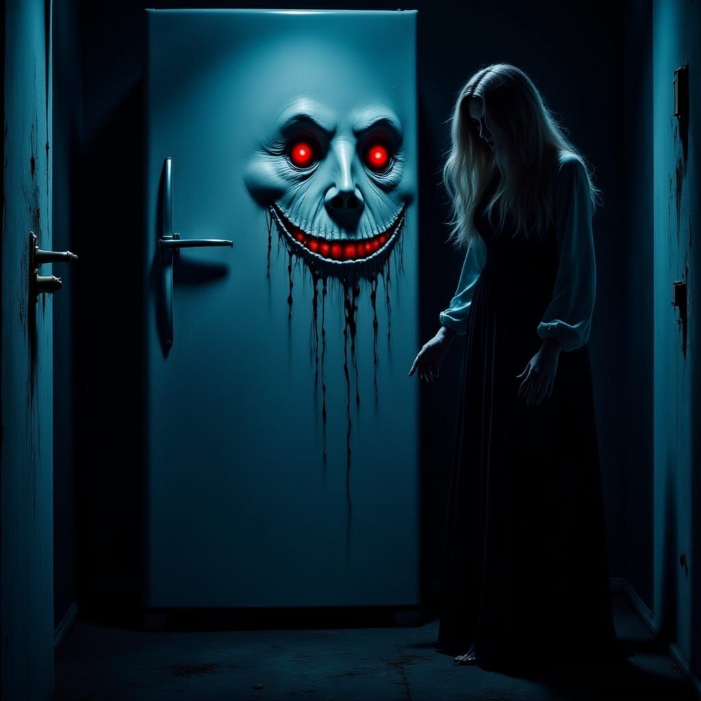 Eerie Refrigerator in Dark Analog Horror Kitchen - AI Art