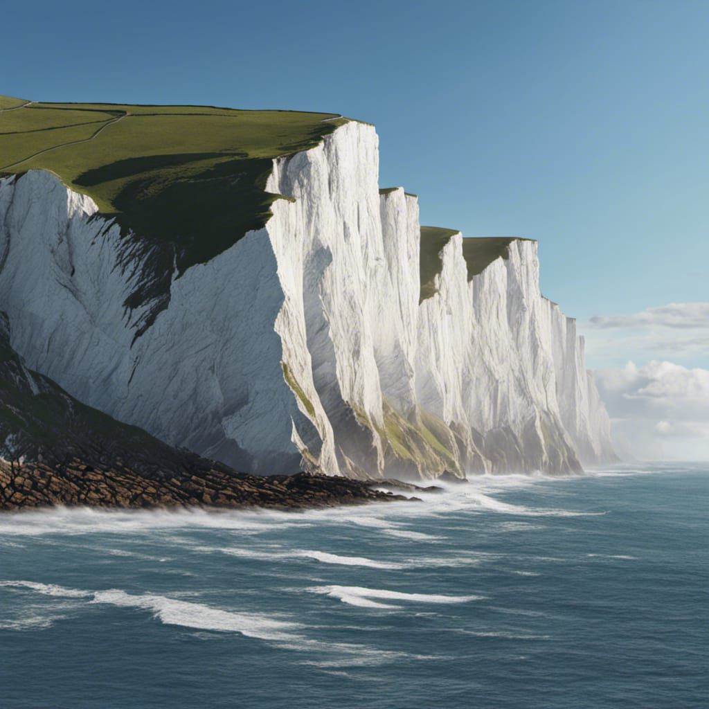 White Cliffs of Dover majestically towering over the crashing waves of ...