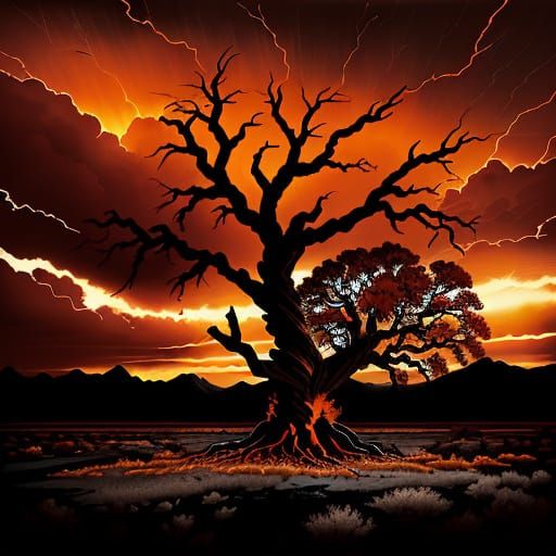 Gnarled Tree Against Fiery Skies in a Desolate Lan... - AI Art