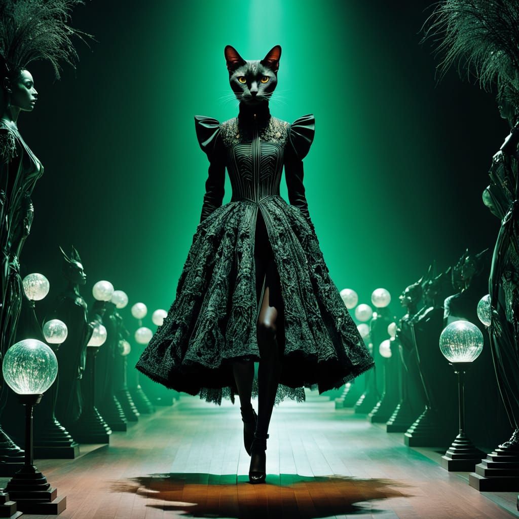 envision an anthropomorphic Female cat of Haitian descent strutting ...