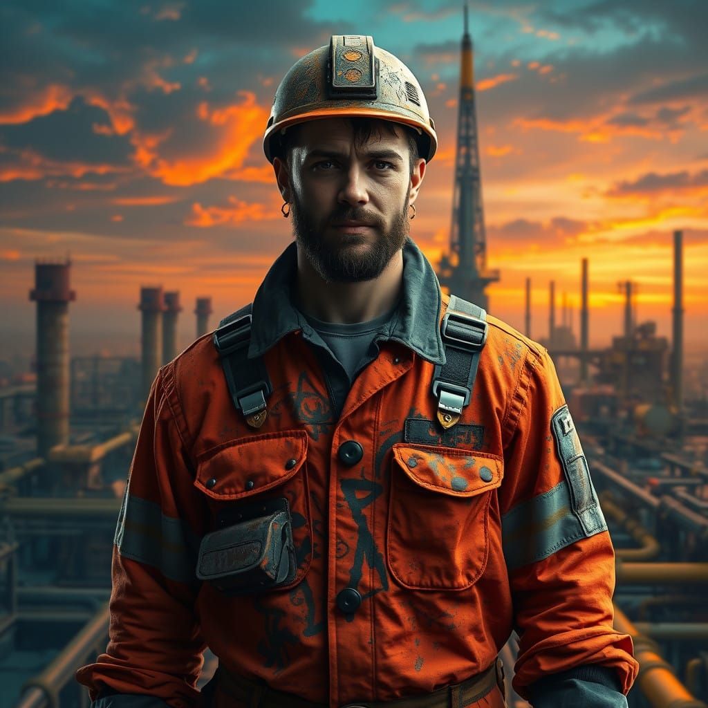 Men at Work 1 - Heroic Oil Rig Worker in Dystopian Industria...