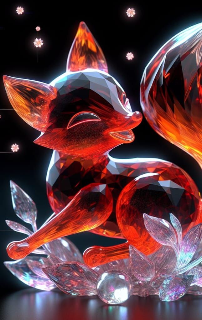 A hyper-realistic digital artwork of a delicate and transparent vermilion crystal glass ...