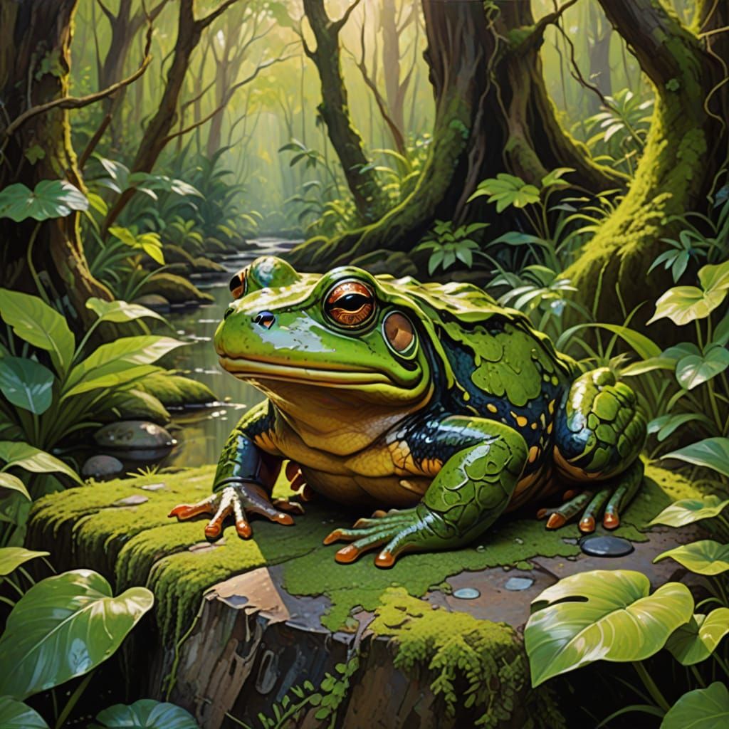 Jeremiah was a Bullfrog - Whimsical Bullfrog in a Verdant Oa...