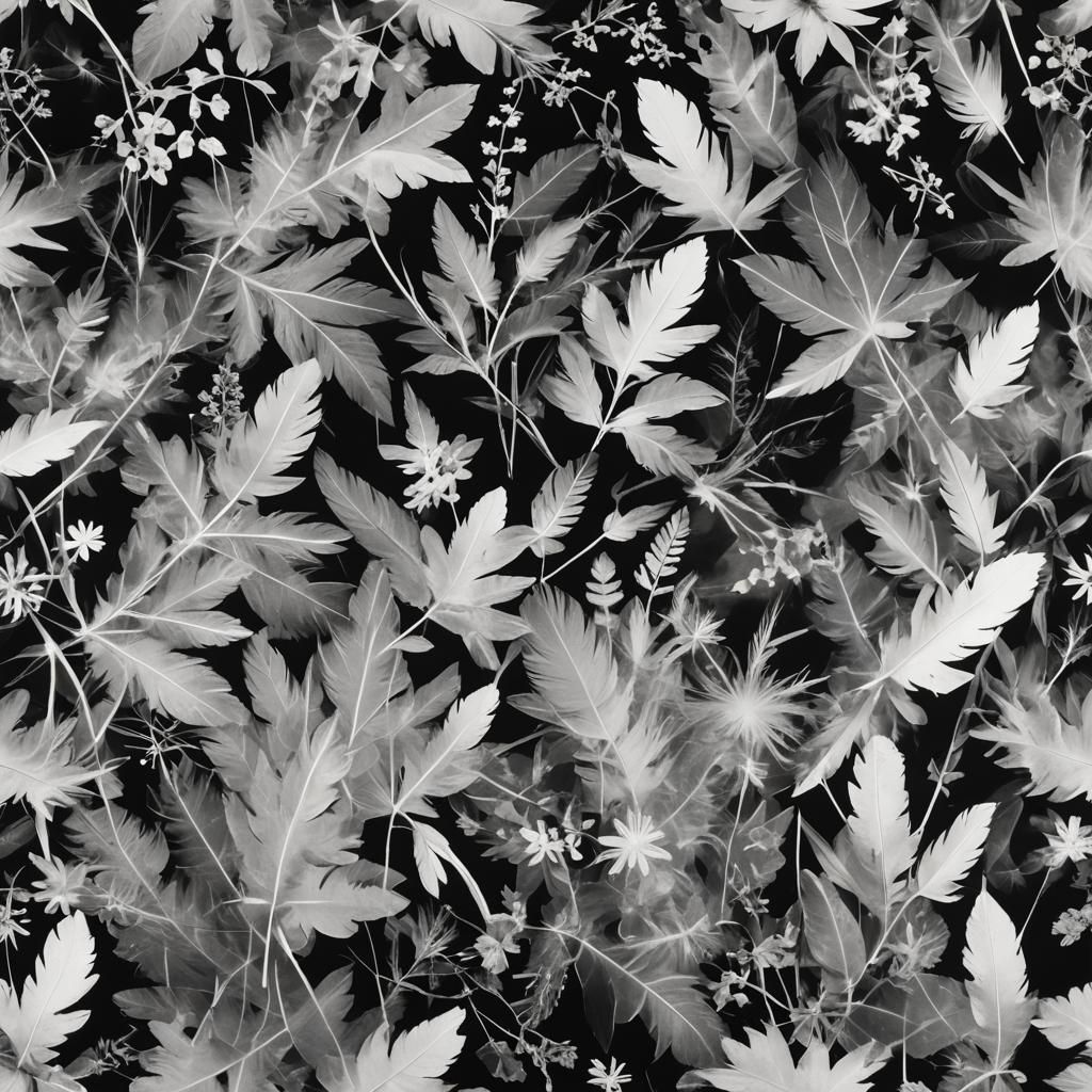 black and white photogram , rayograph, Feathers,leaves, flowers ...