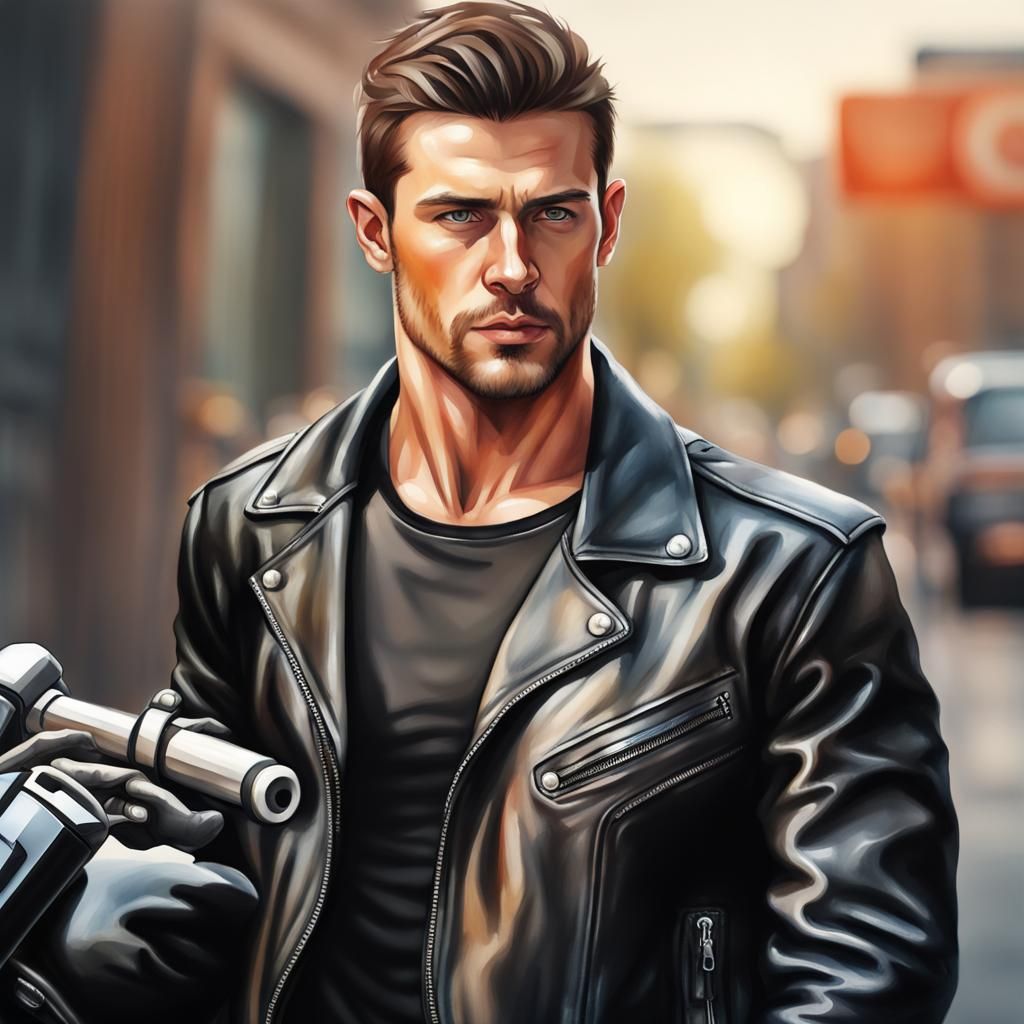 Watercolor of a buff body, muscular, male, leather motorcycle jacket ...