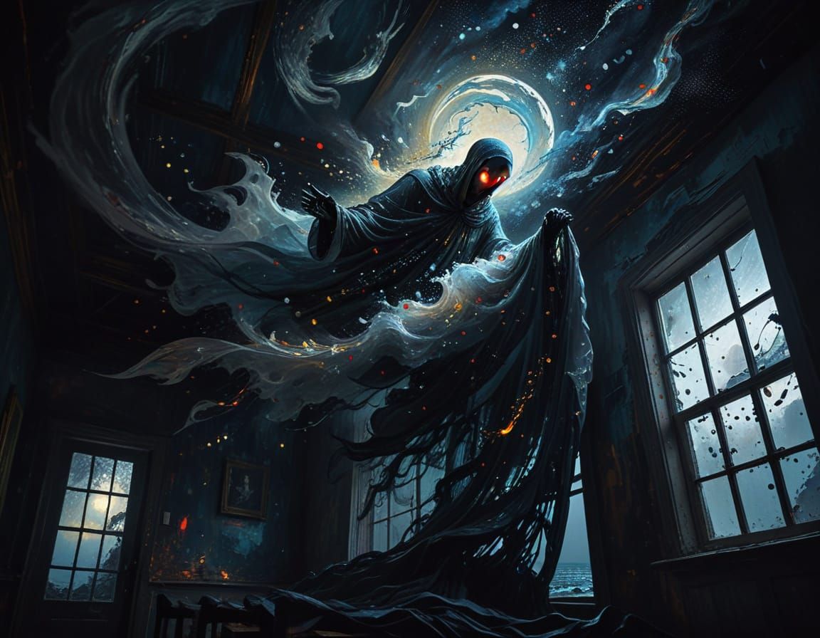 Floating Ghost. - Whimsical Moonlit Spirit Ascends