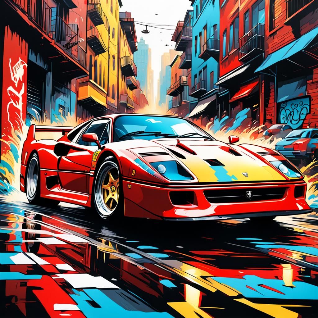 Ferrari F40 street racing through city, graffiti art, splash art ...