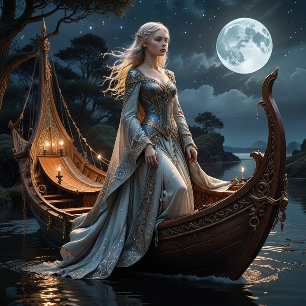 Elf Princess crossing the river by moonlight.