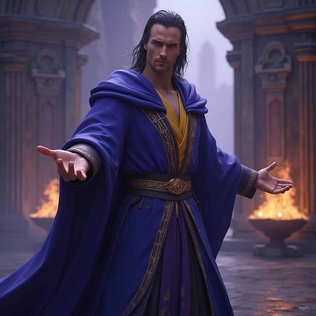 Mâle wizard reading blue robe - Heroic Wizard in Blue Robe,