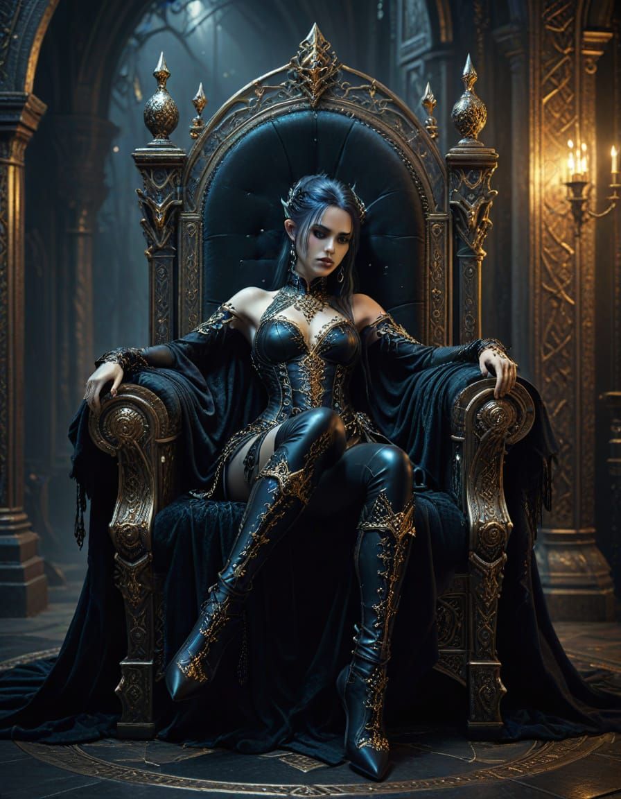 On her throne… - Gothic Elf Queen in Jewel-Toned Throne