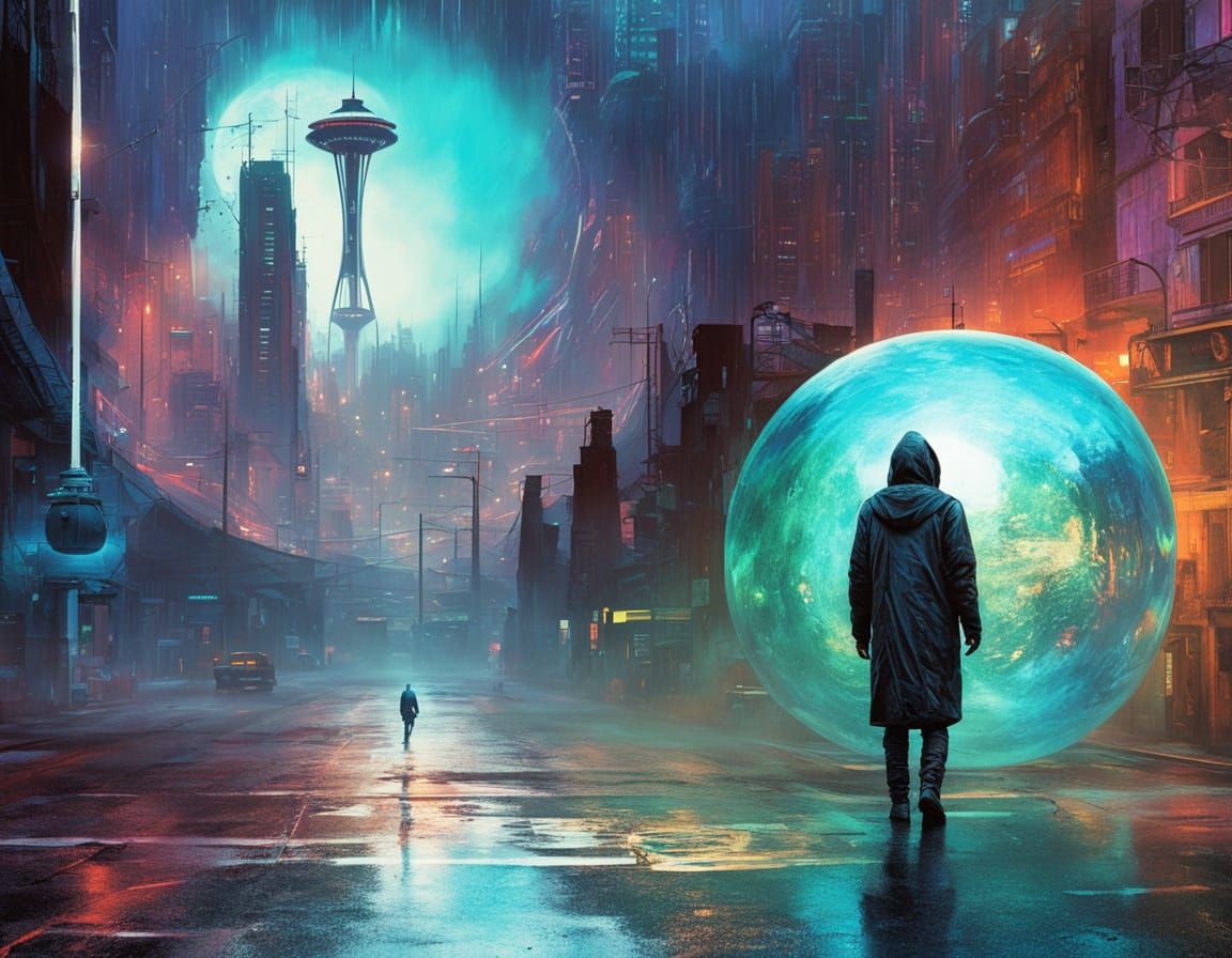 Cyberpunk Seattle Streets at Night in a Moody, Gri... - AI Art