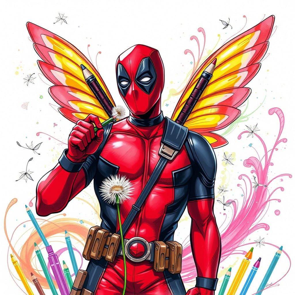 colored pencil, crayon drawing of Deadpool with fairy wings trying to ...