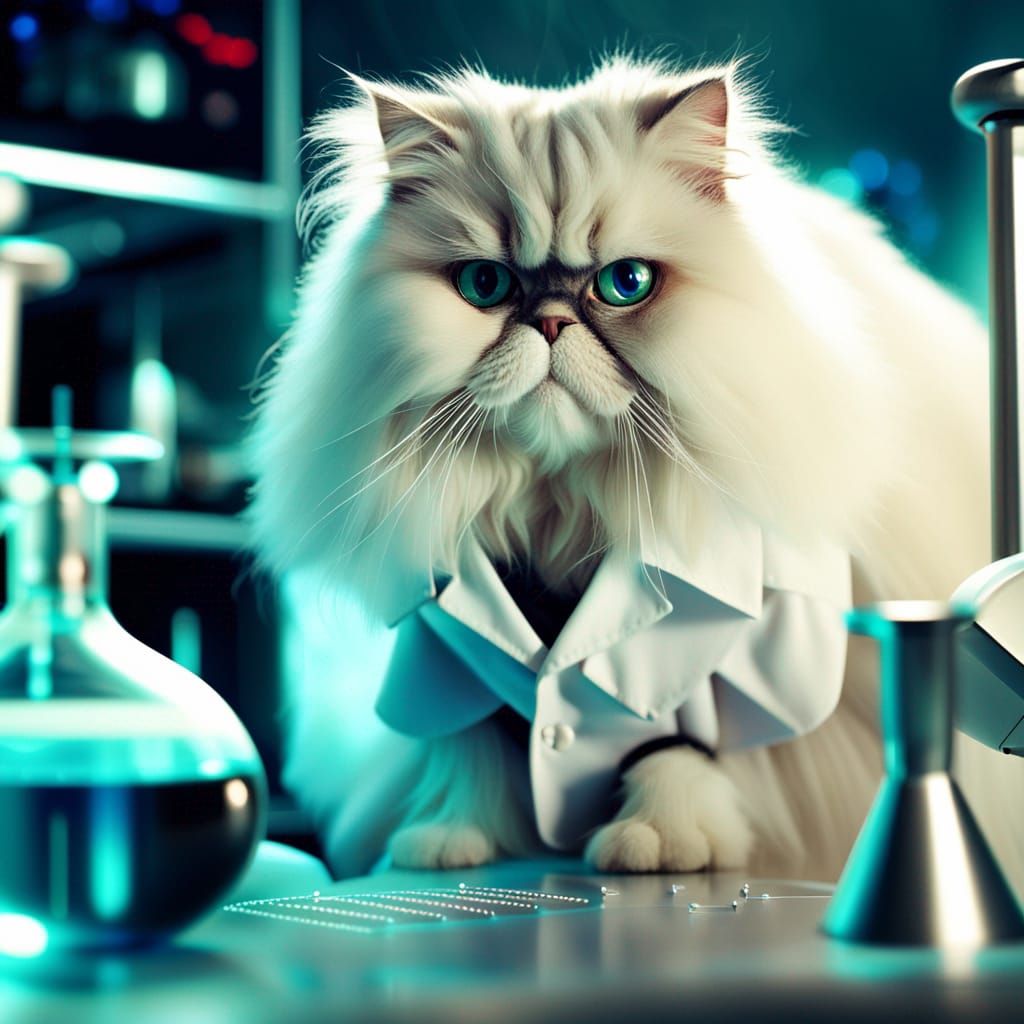 Persian cat in a lab coat working in a chemistry laboratory. 64 ...