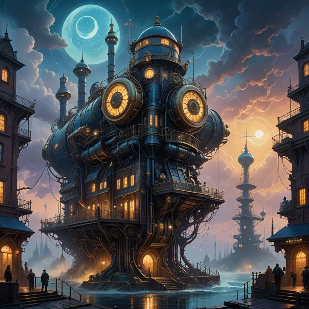 Ethereal Steampunk Landscape with Solar Panels and... - AI Art