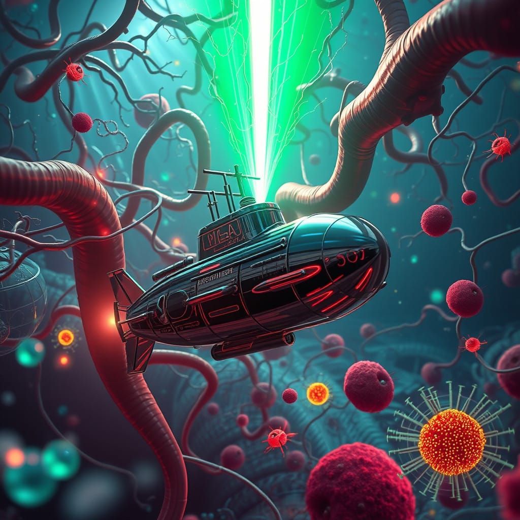 A tiny submarine travels through the human body, encountering blood ...