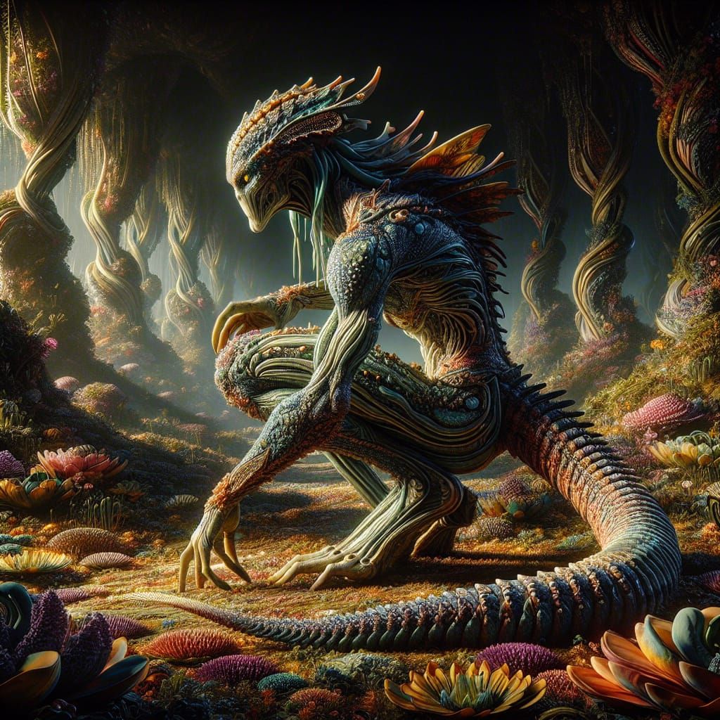 Chimeric being, in an alien world, surrounded by brilliant flora and ...