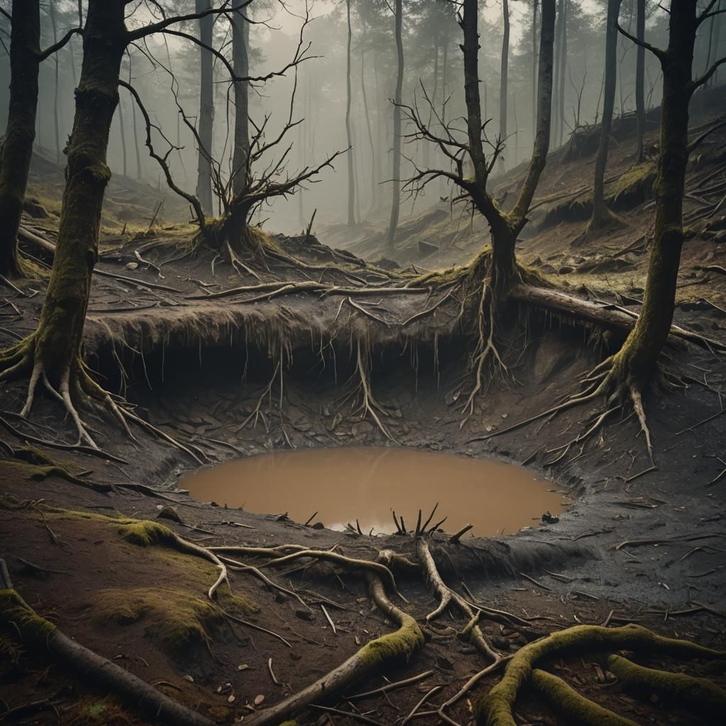 Eerie Mining Pit Hides in Dark Forest Valley - AI Art