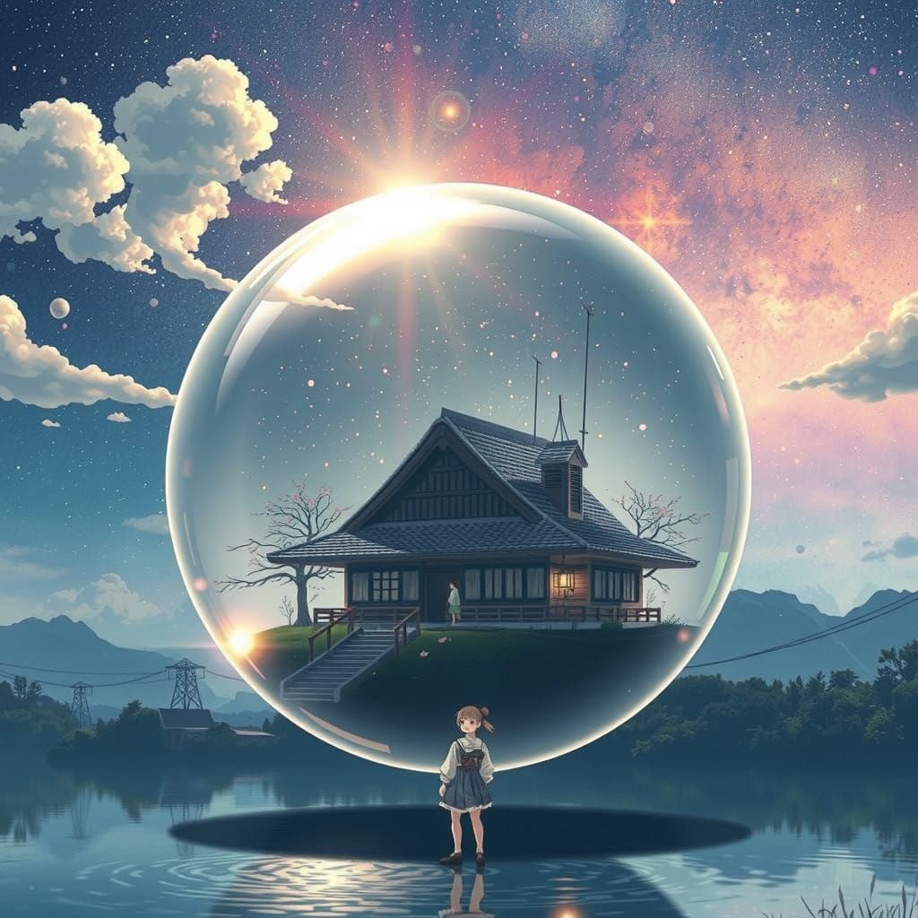 Cosmic Anime Scene with Crystal Orb and Cherry Blo... - AI Art