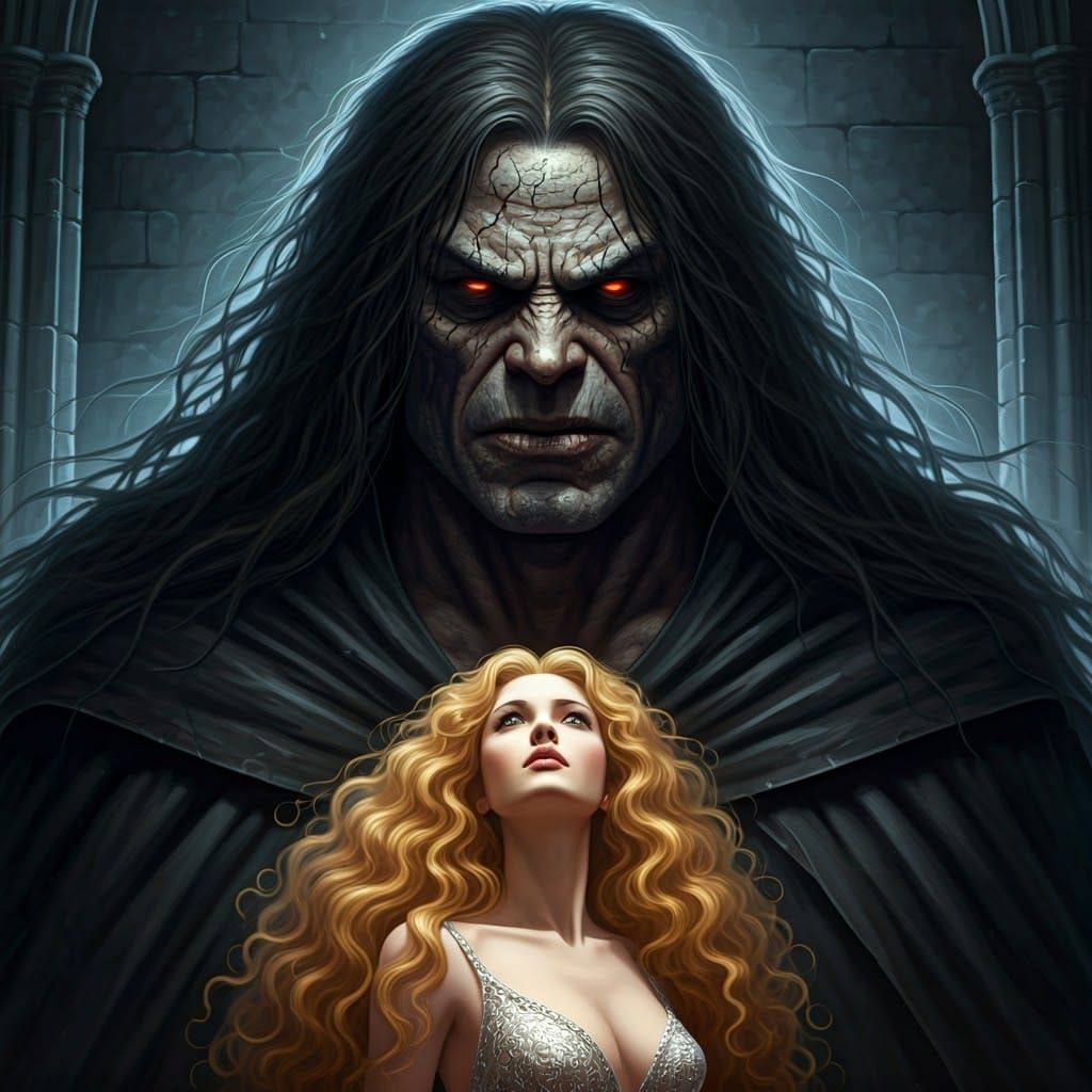 Dark Giant Menacing a Golden-Haired Maiden in a Ha... - AI Art