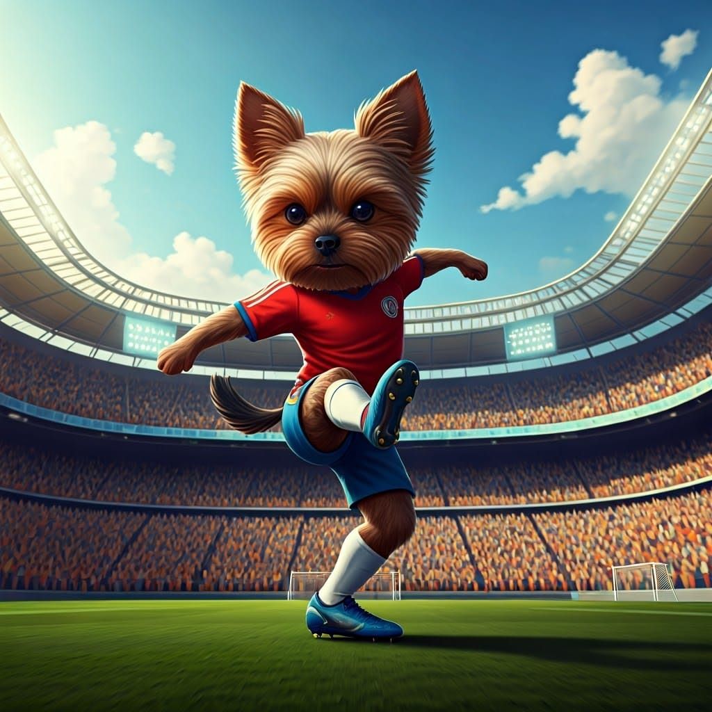 Vibrant Soccer Stadium Scene with Exuberant Yorkie - AI Art