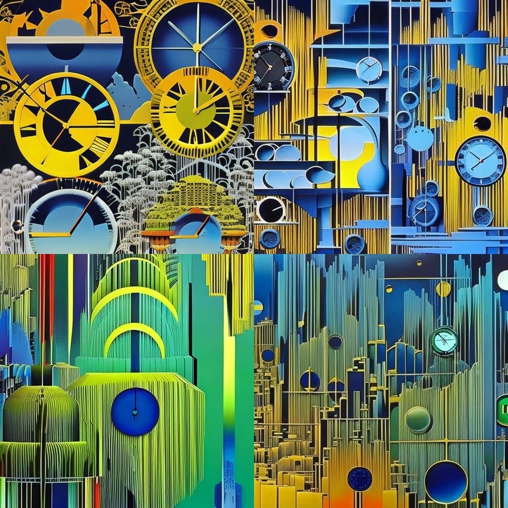 "a clock montage" \\ overlapping_colorful_clocks \\ by Eyvind Earle and ...
