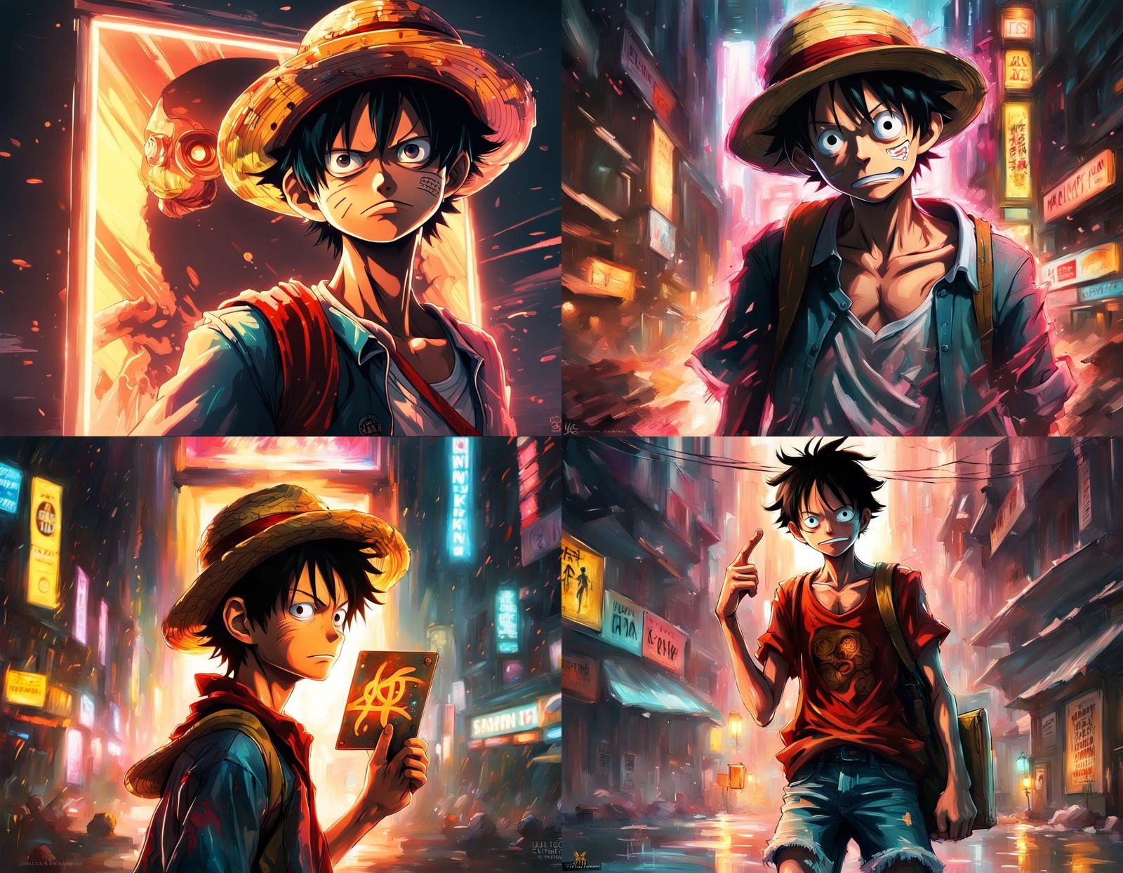 Monkey D. Luffy, standing holding a sign that say Isaiah .., neonpunk ...