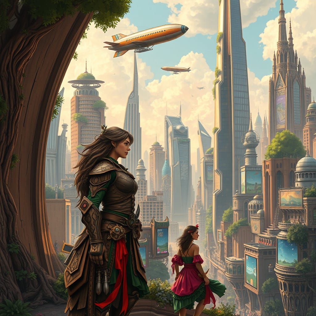 Vibrant eco-warriors in a bustling solarpunk metropolis