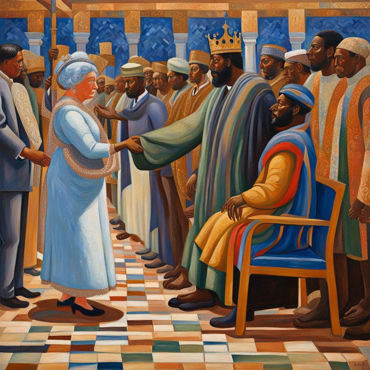 Style of Stanley Spencer, King Solomon greeting the Queen of Sheba - AI Generated Artwork ...