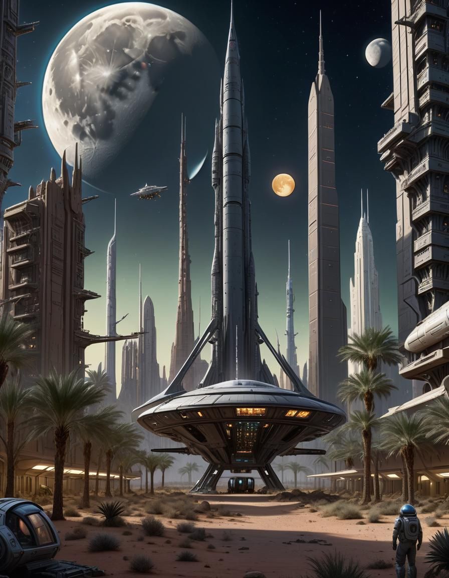 space command center, a spaceport surrounded by high rise buildings ...